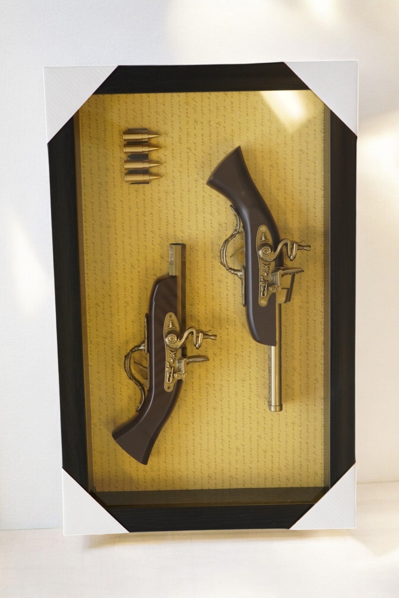 Antique Pistol Shadow Box – Dual Flintlock Replica Wall Display – Vachi