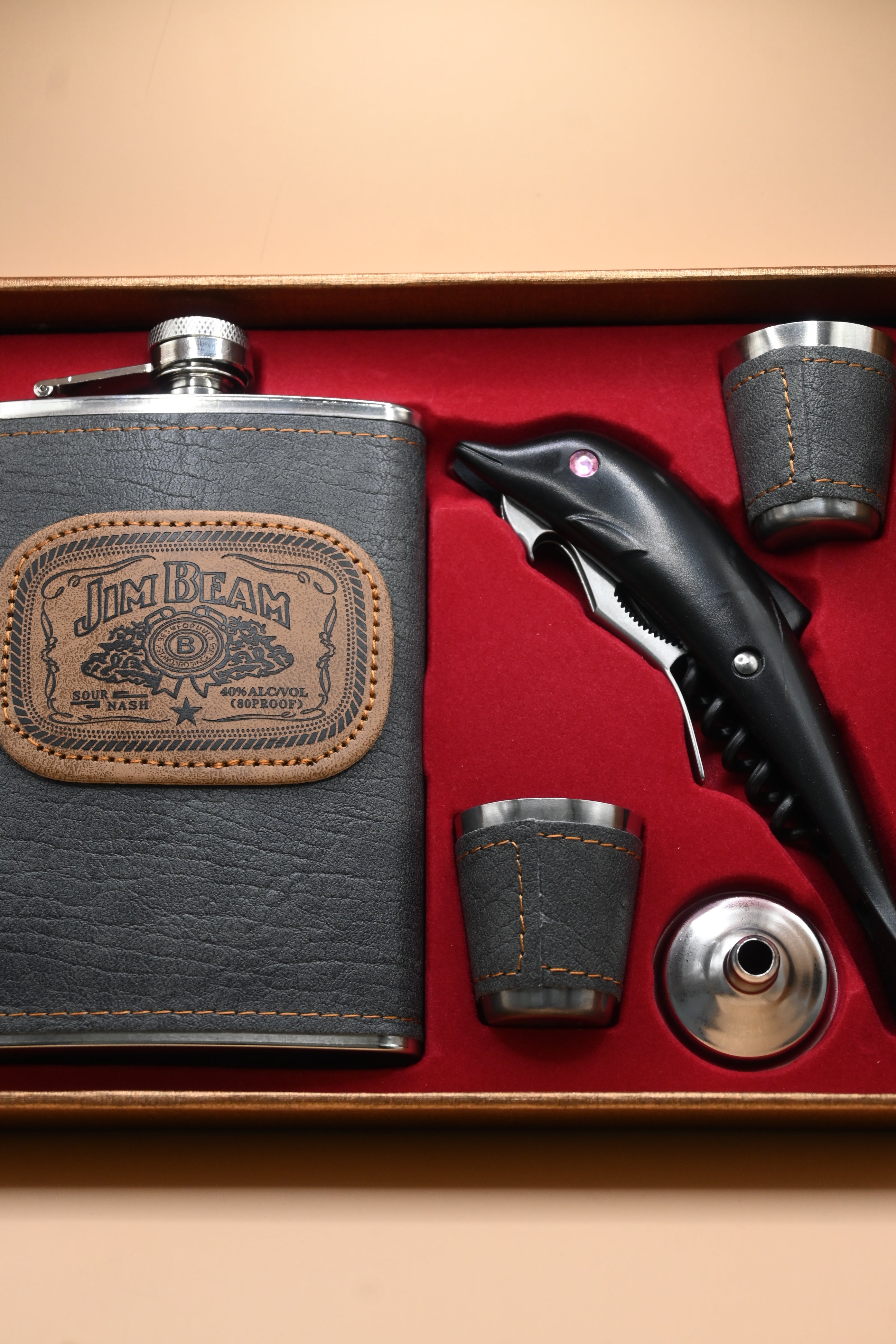 Jim Beam Whiskey Flask & Shot Glass Set with Corkscrew – Vachi
